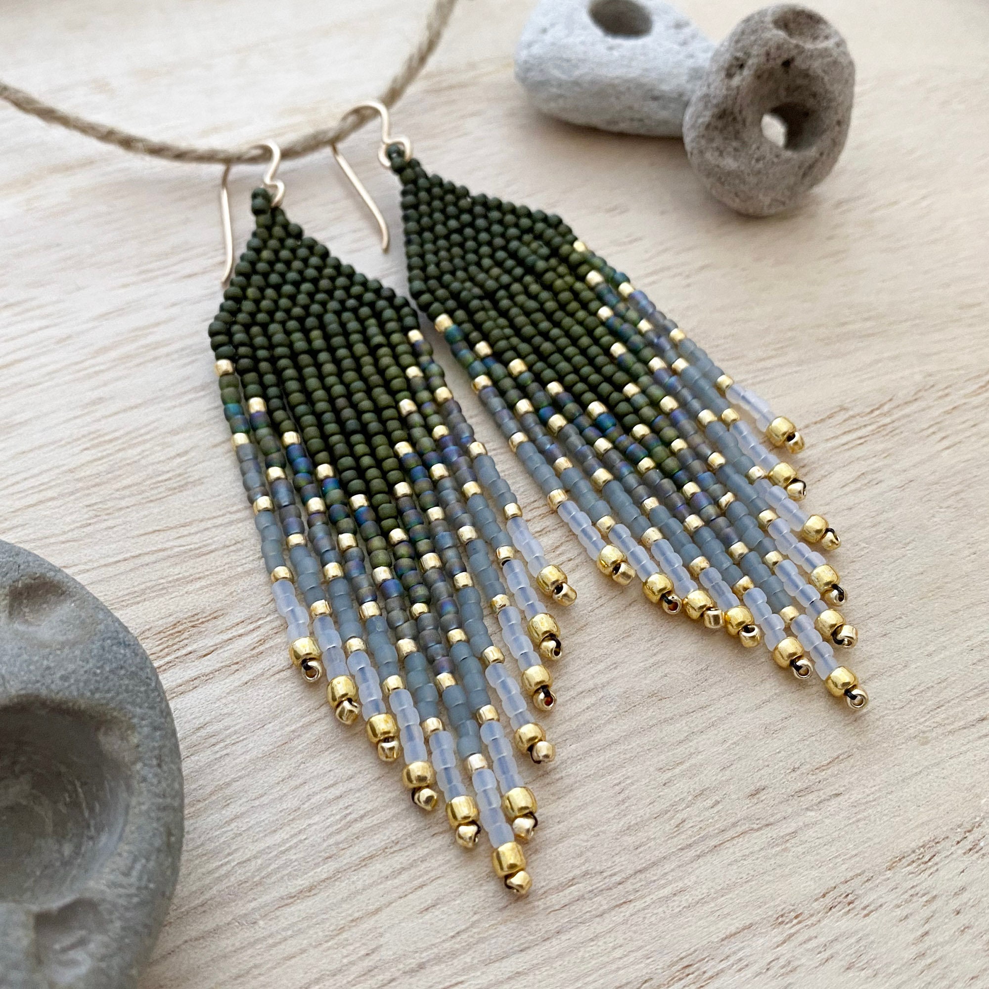 Moss Green Haze Color Block Gradient Bead Fringe Earrings - Etsy