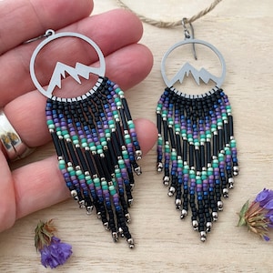 Northern Lights Bead Fringe Earrings - Mountain Silhouette + Aurora - Etsy