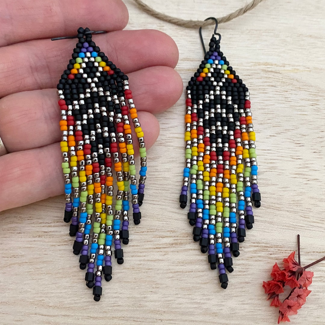 Rainbow & Steel Geometric on Black Beaded Earrings - Etsy