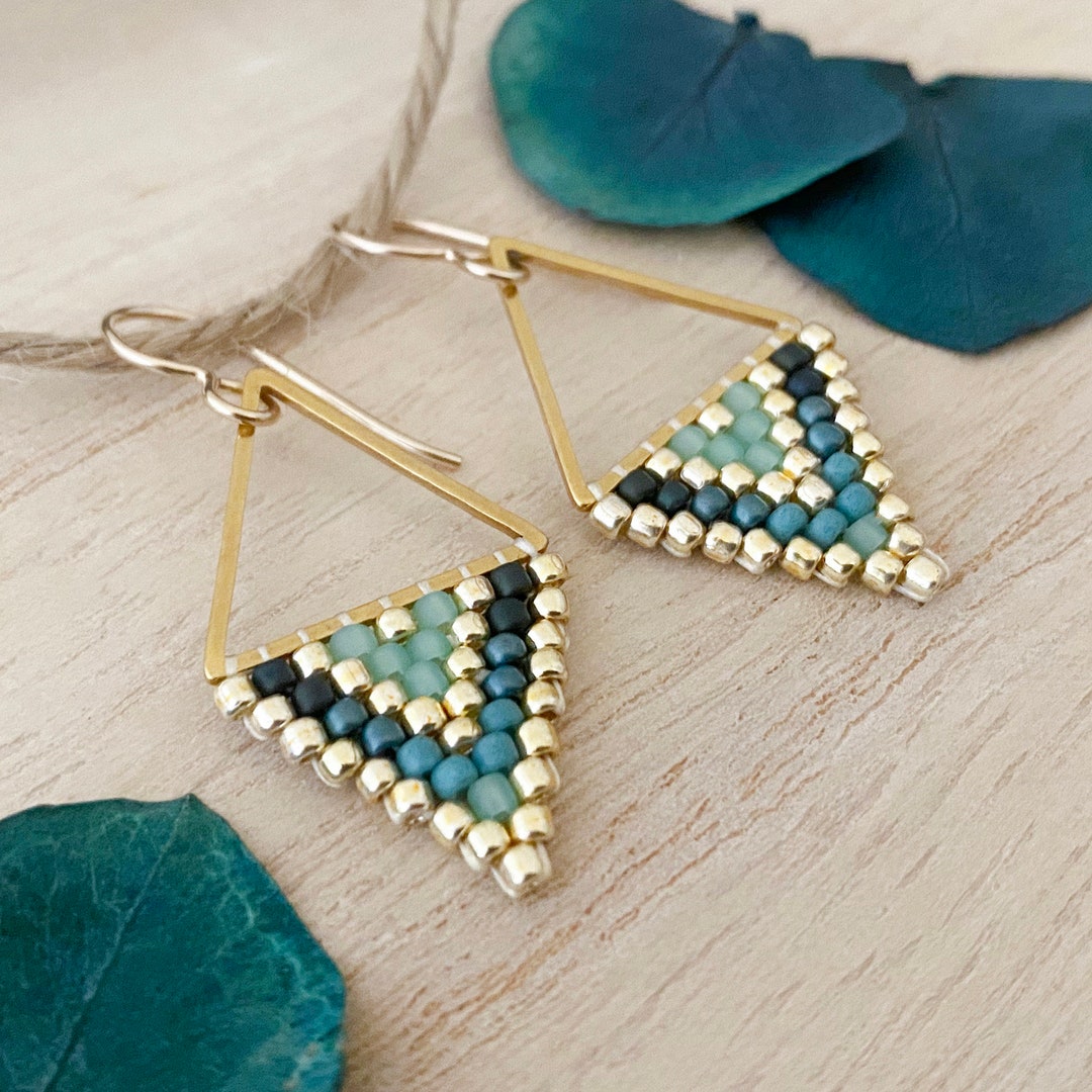 Teal & Gold Petite Triangle Bead Earrings - Etsy