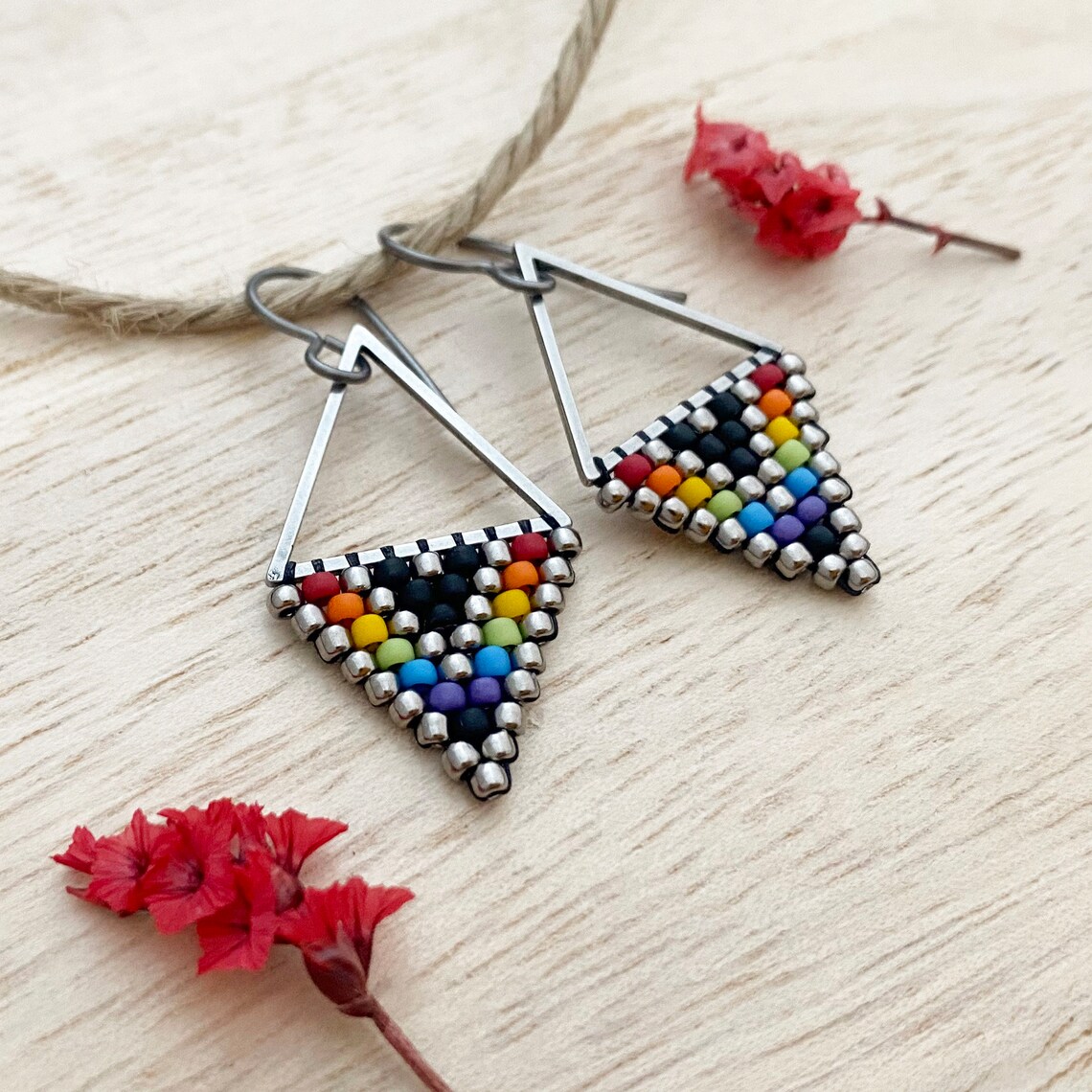 Rainbow & Steel Petite Triangle Bead Earrings - Etsy