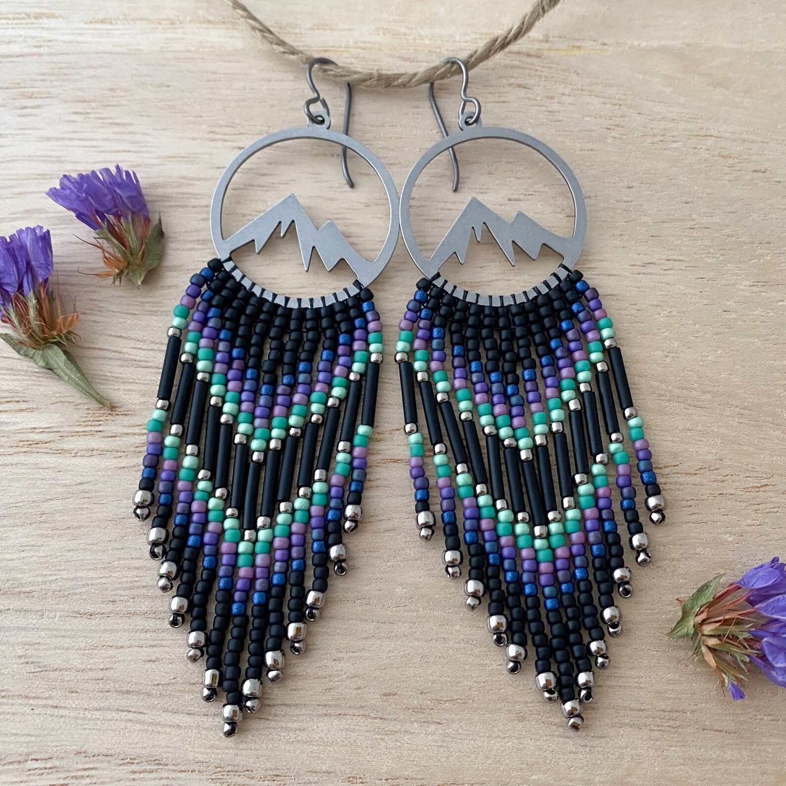 Northern Lights Bead Fringe Earrings - Mountain Silhouette + Aurora - Etsy