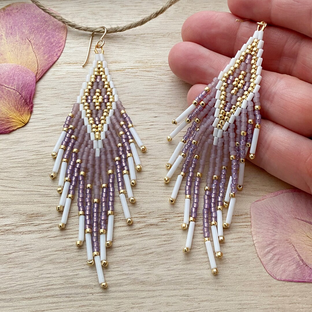 Lilac Diamond Feather Fringe Bead Earrings - Etsy