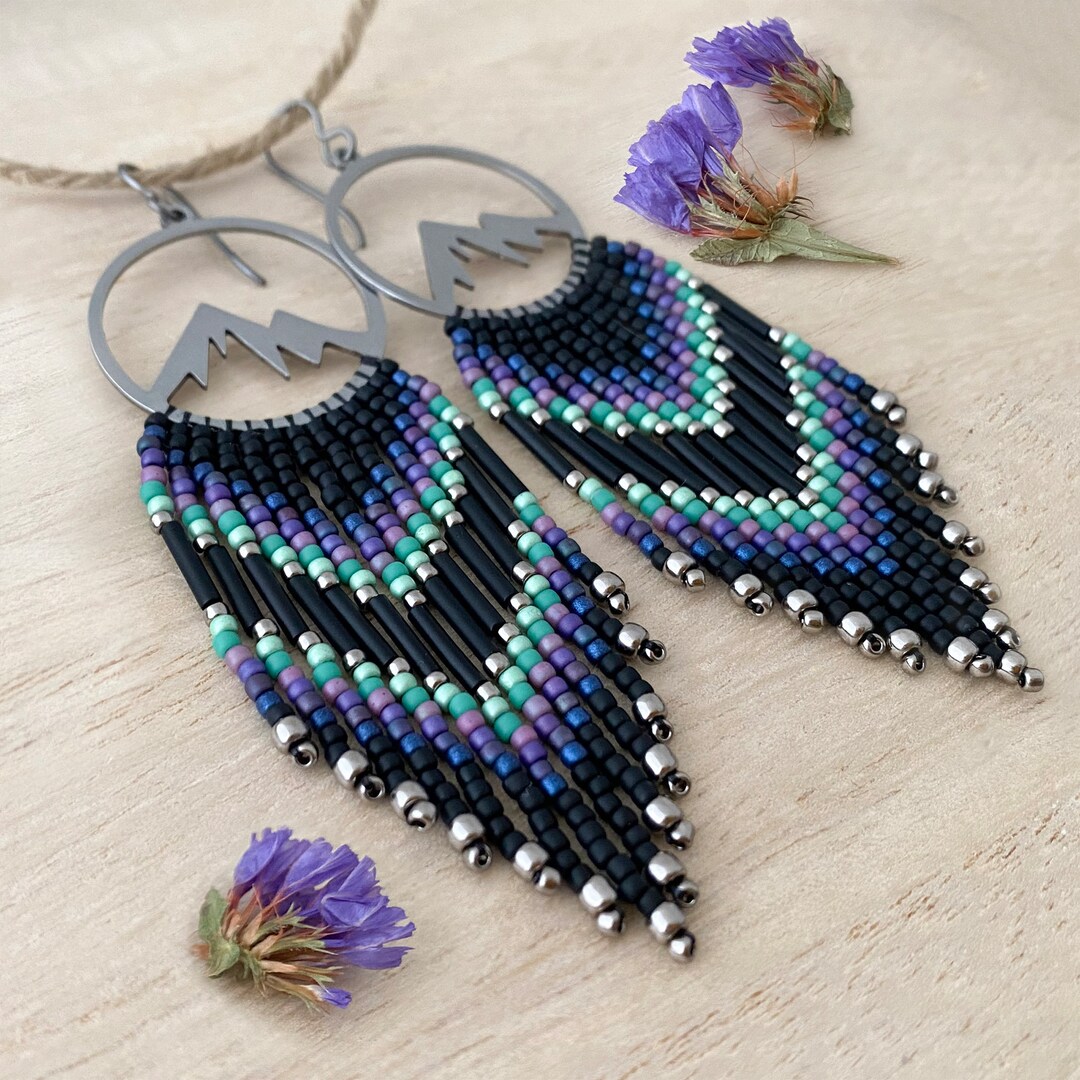 Northern Lights Bead Fringe Earrings - Mountain Silhouette + Aurora - Etsy