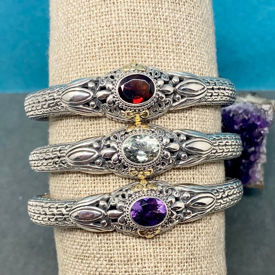 Green Amethyst or Garnet Lotus Flower Balinese Cuff Bracelet, 925 ...