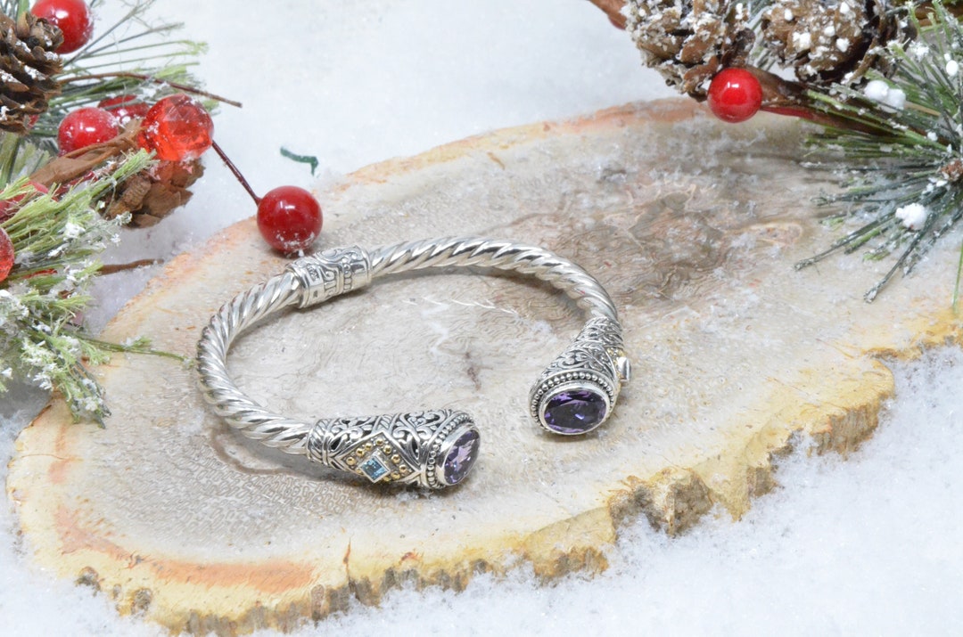 Bali Bracelet, 925 Sterling Silver, 18k Gold, Amethyst & Blue Topaz ...