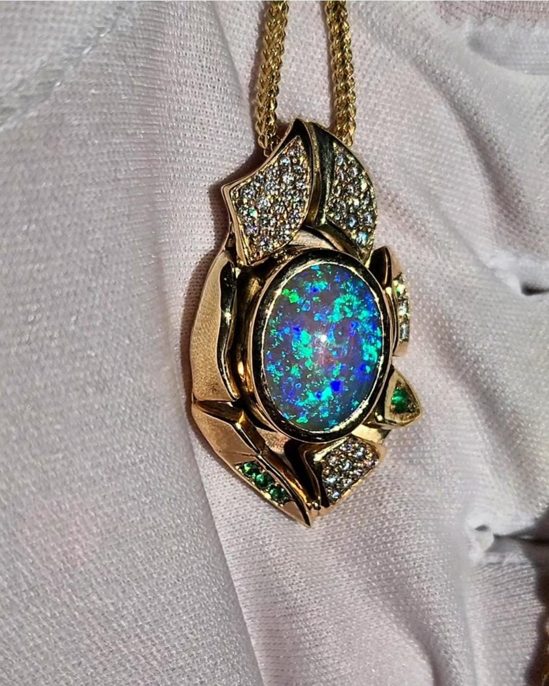 14k Gold Pendant 6.4cts Lightning Ridge Gem Crystal Opal With Diamonds ...