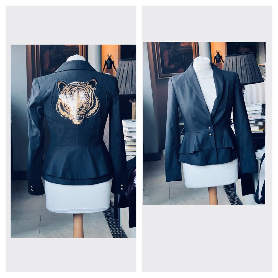 Black Peplum Blazer Gold Buttons and Gold Sequin Tiger Size 6 - Etsy
