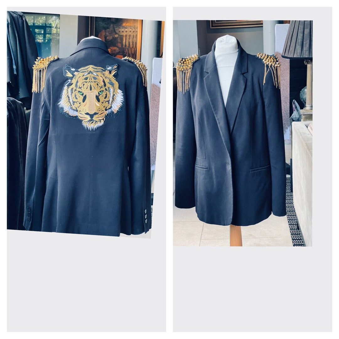 Black Tailored Blazer With Tiger Snd Removable Gold Studded - Etsy