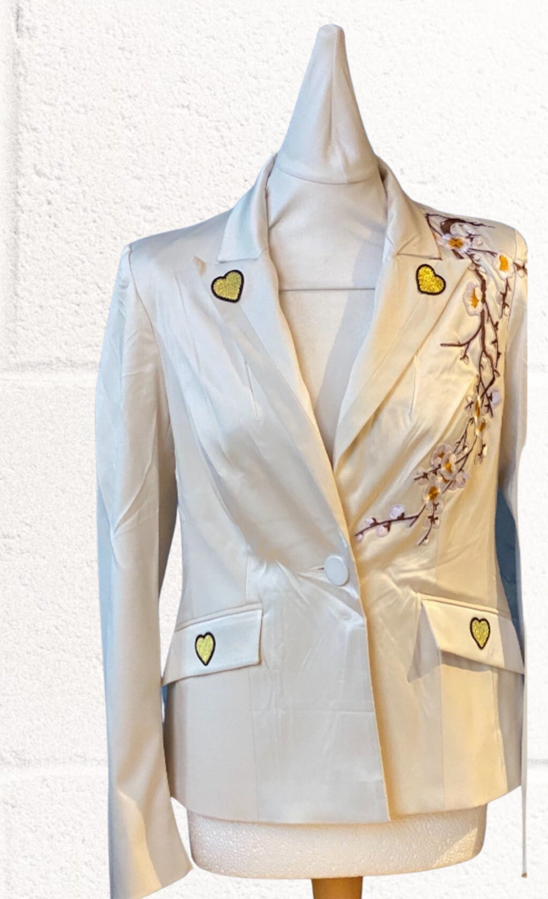 Cream Satin Jacket, Gold Heart & Blossom Embroidery, Size 14 - Etsy