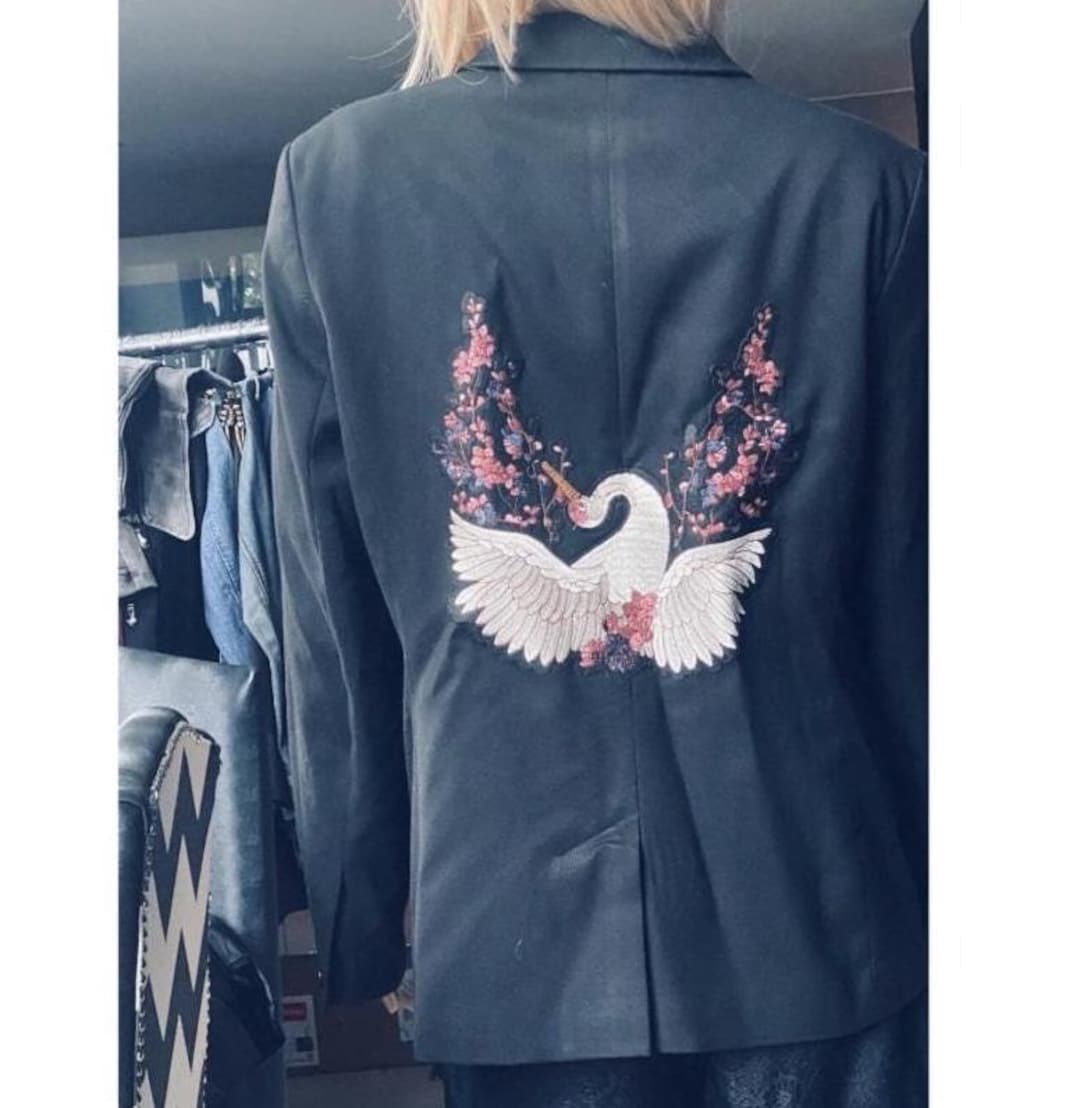 Black Tailored Jacket With-cream and Pink Flowered Swan Motif Size UK ...