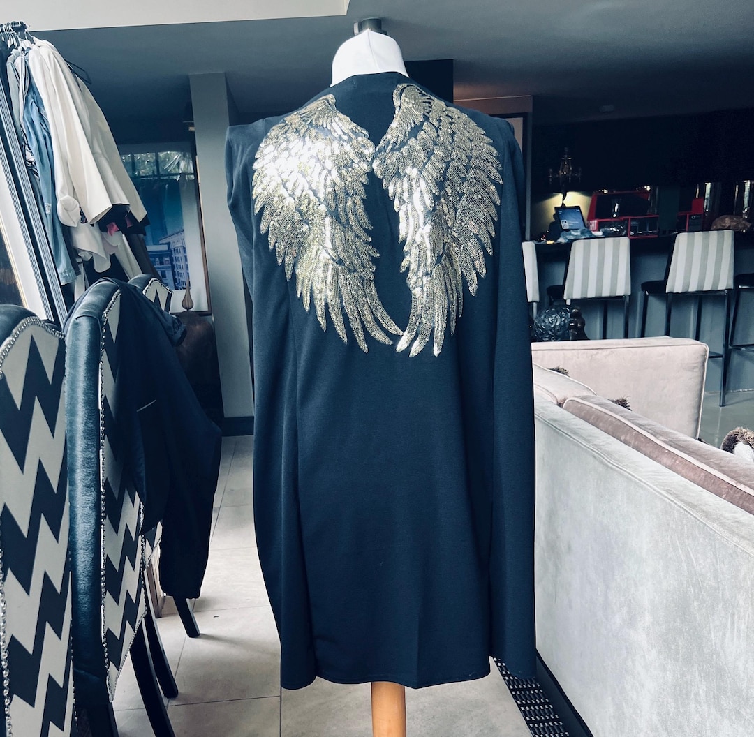Black Cape Jacket With Gold Sequin Angel Wings (UK 8-12) - Etsy