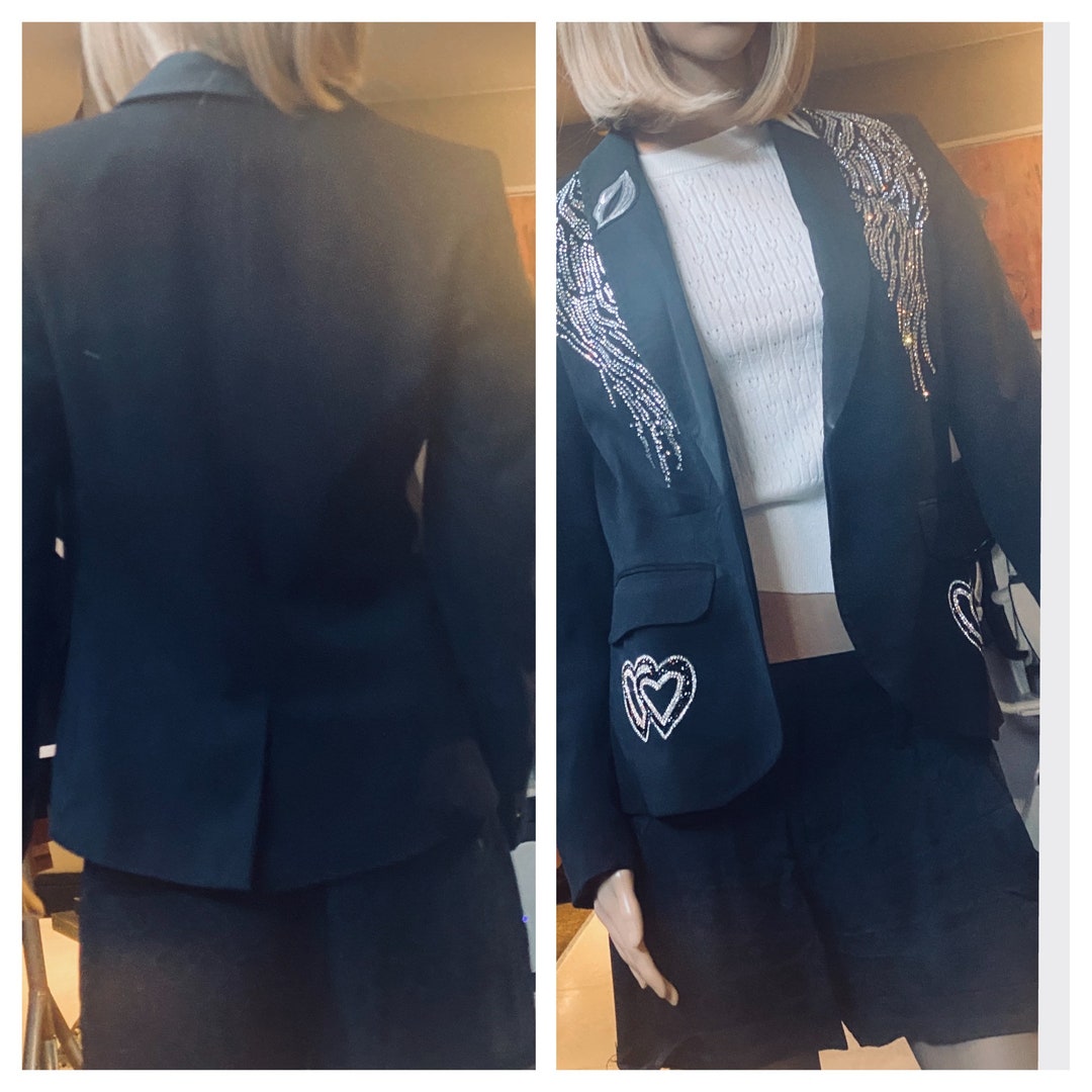 Black Satin Collar Open Blazer With Rhinestone Angel Eibgs Silver ...