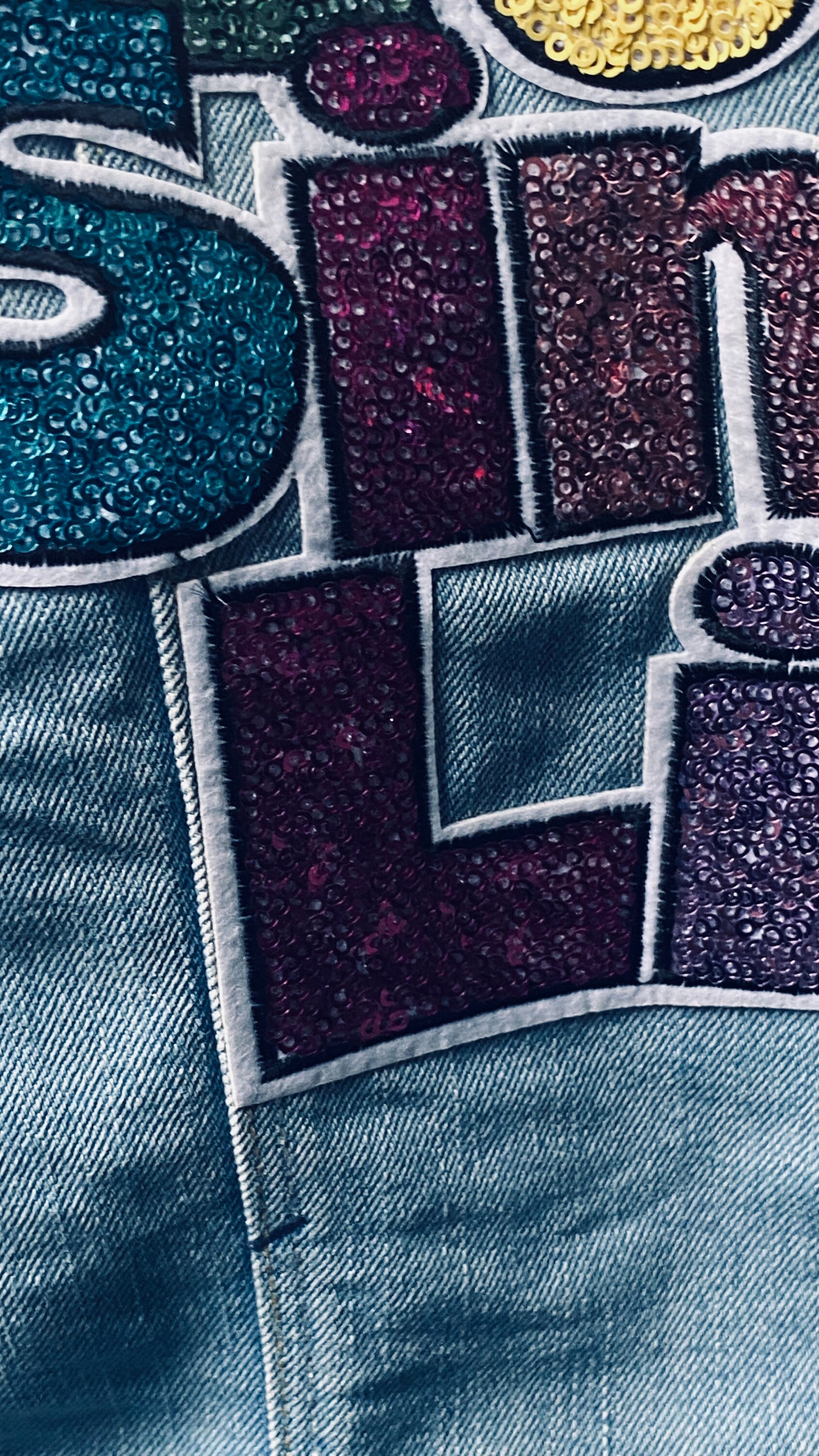 Blue Denim Jacket With Sequin Wording DANCE Love SING Love Size UK 14 ...