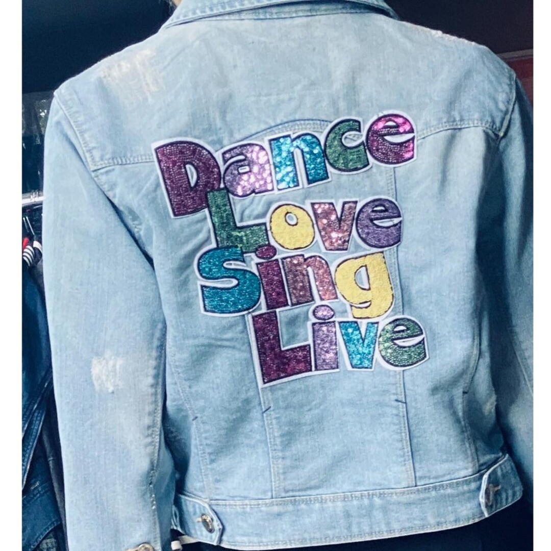 Blue Denim Jacket With Sequin Wording DANCE Love SING Love Size UK 14 ...
