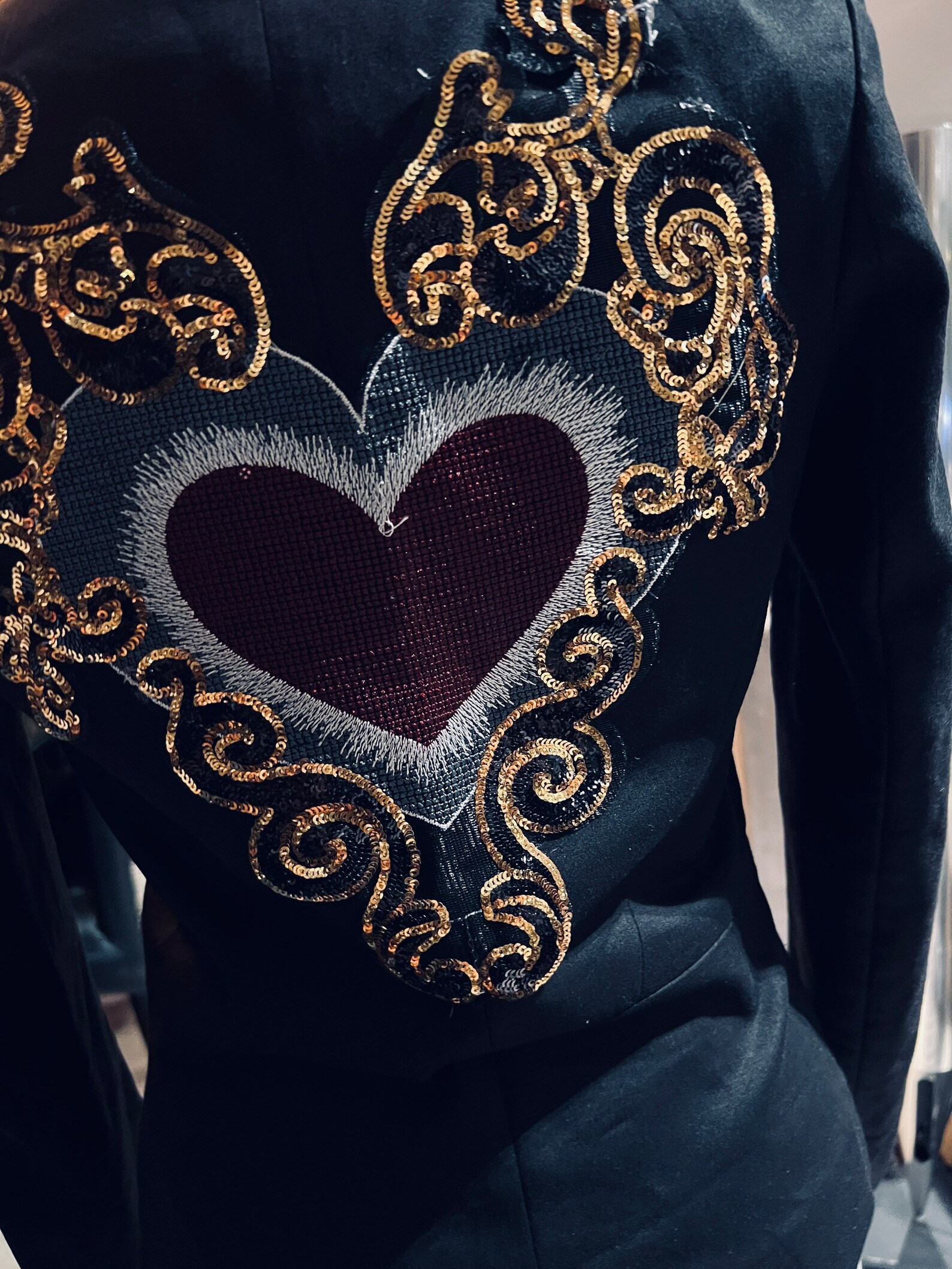 Satin Tuxedo Jacket, Metallic Gold Heart Embroidery, Fitted Black ...