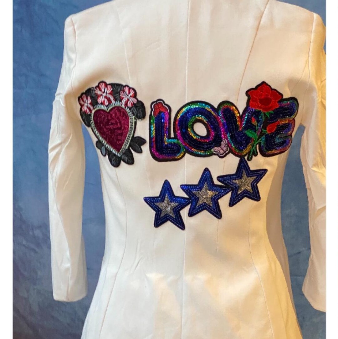 White Open Jacket With Blue Angel Wings and LOVE. Word Band Stars. Size ...