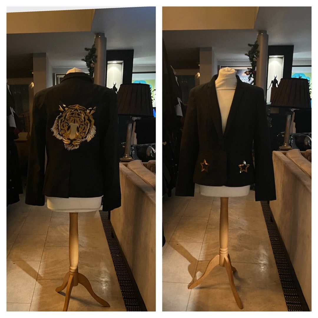 Black Fitted Tailored Blazer With a Gold Tiger and Gold Hollow Stars ...
