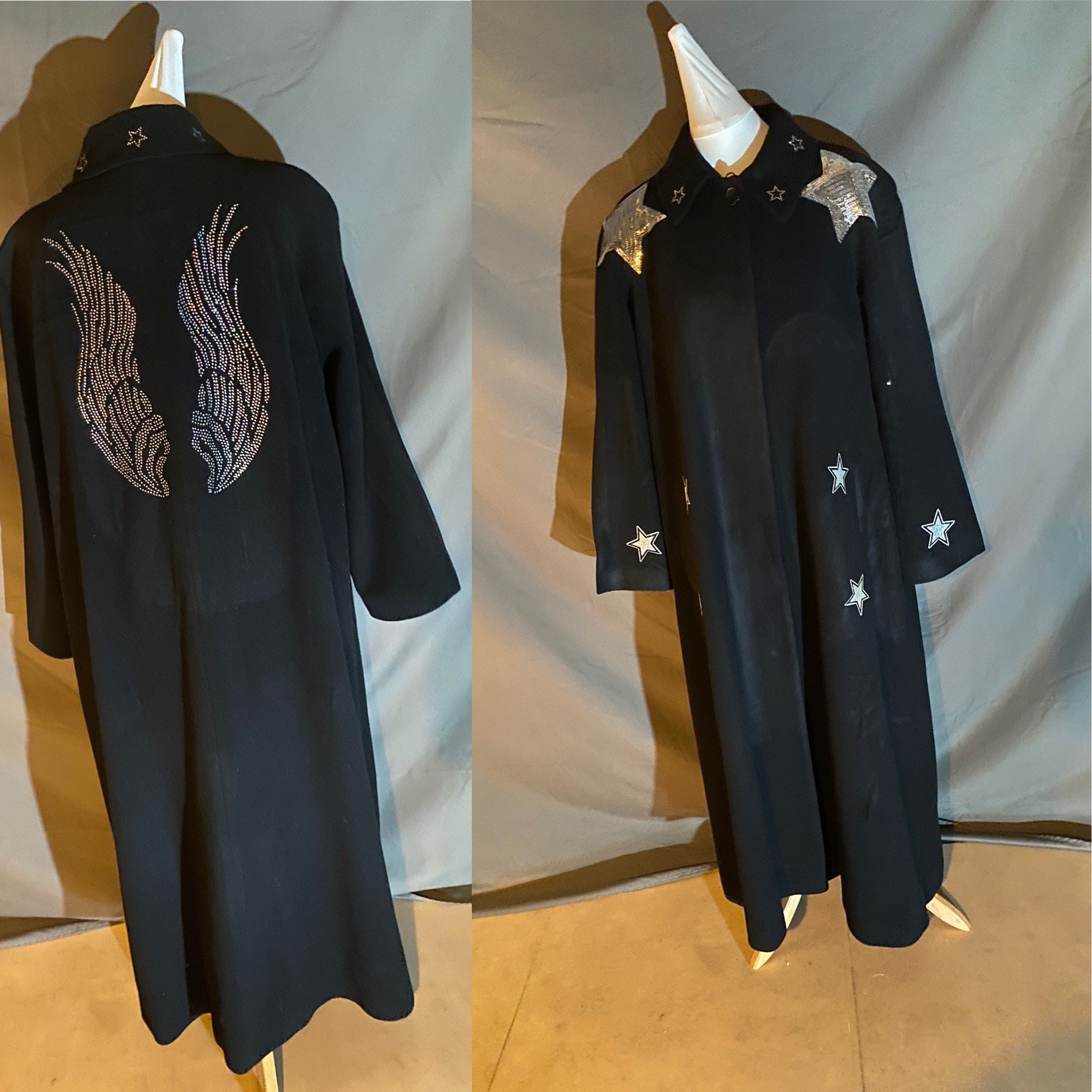 Black Maxi Coat With Angel Wings and Stars Round Neckline and Silver ...