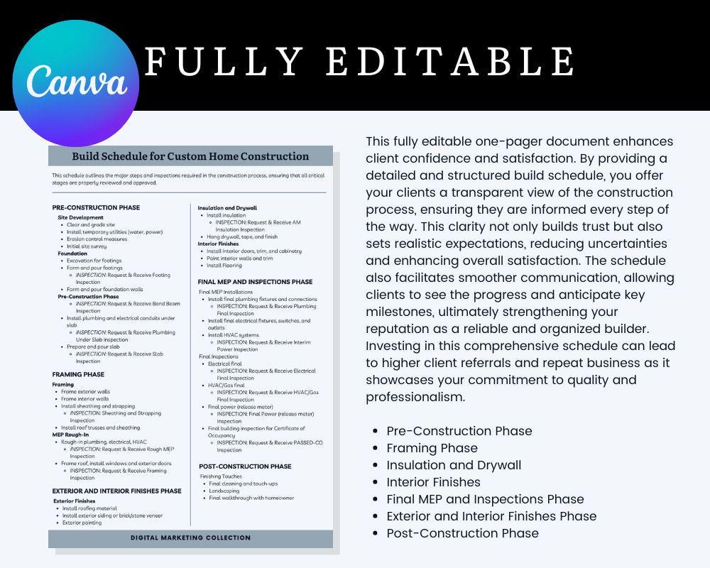 Editable Build Schedule Template for Home Construction | Canva Template ...