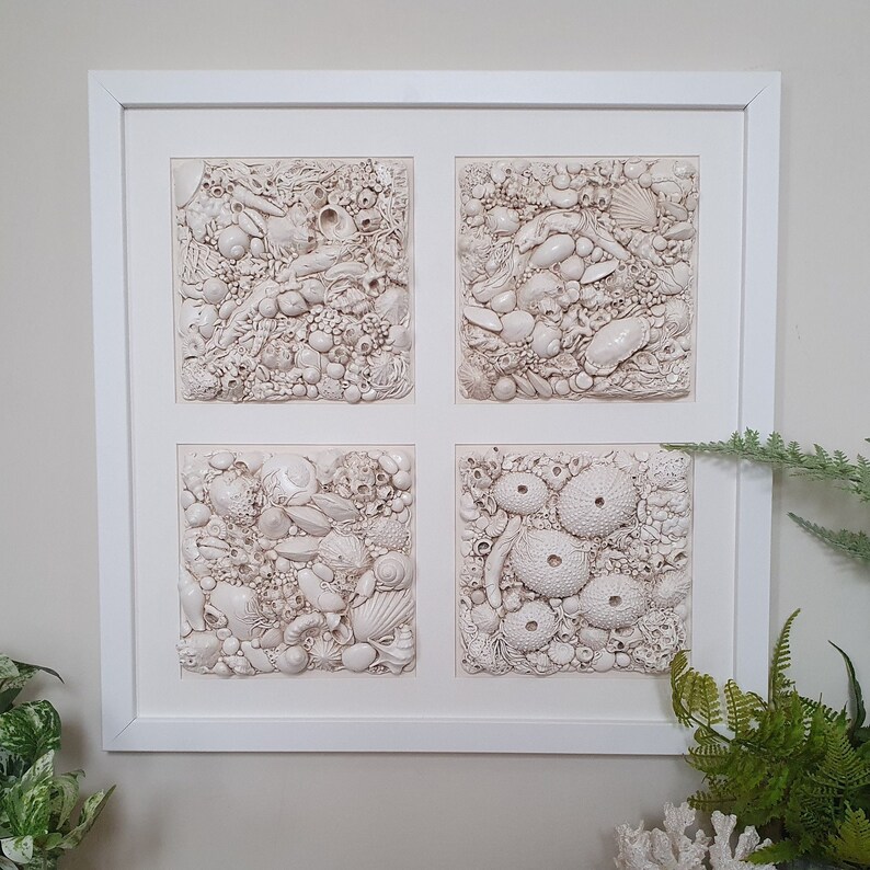 Framed Quadruple Seashell, Seashore Sculpture Coastal Wall Art - Etsy