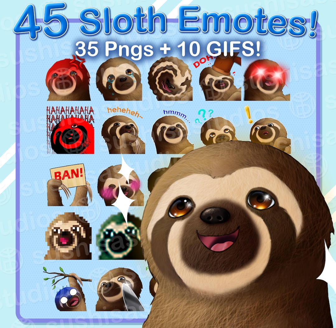 45 PNG+10 GIF Sloth Emote Pack! - Twitch/discord/youtube/livestream - Etsy