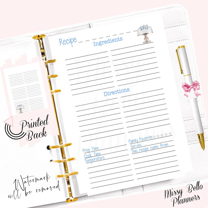Recipe PRINTED Baking Notes Planner Inserts Pages | A5 | Personal Size ...