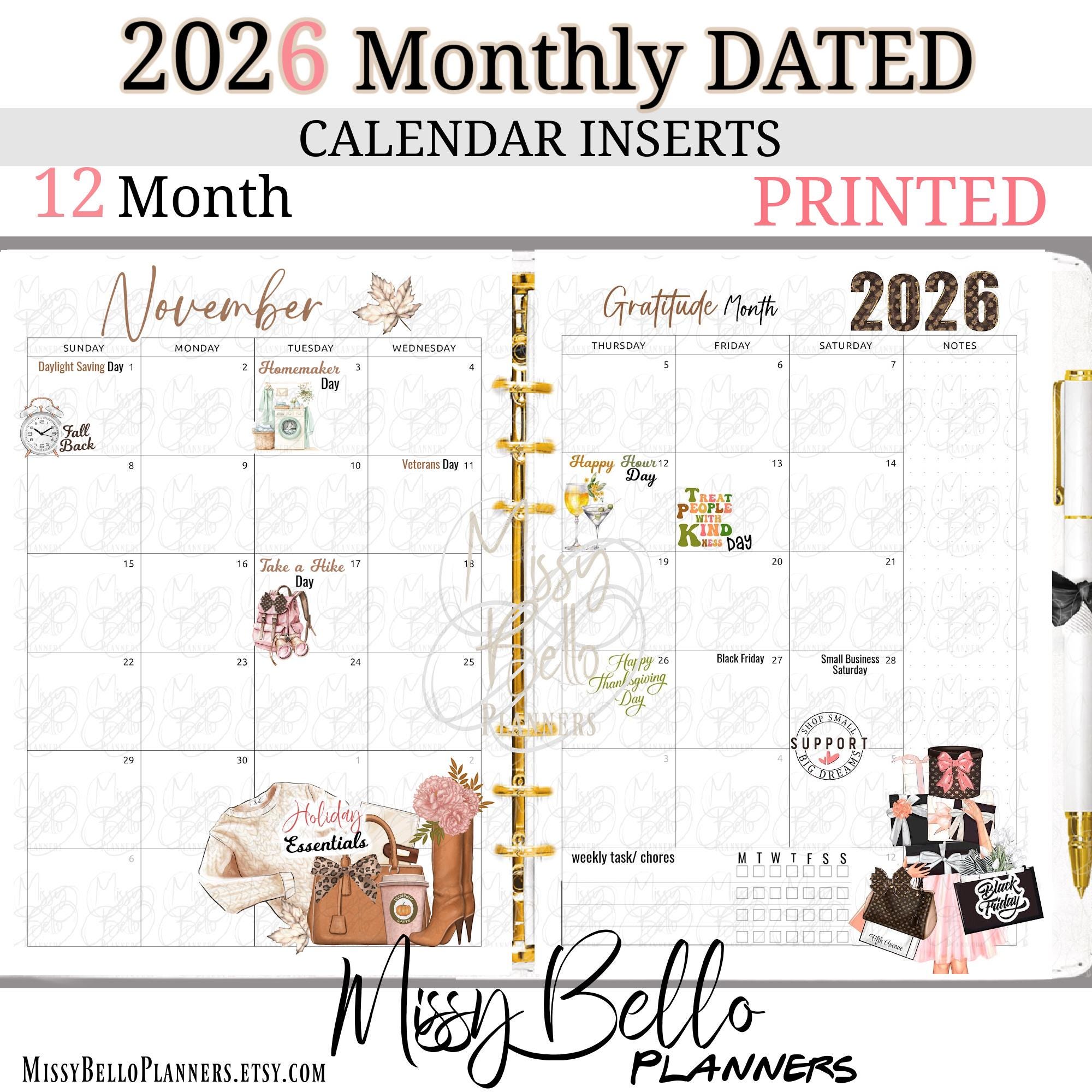 PRINTED 2026 Dated Calendar, Unique Signature Style, 12 Month Inserts ...