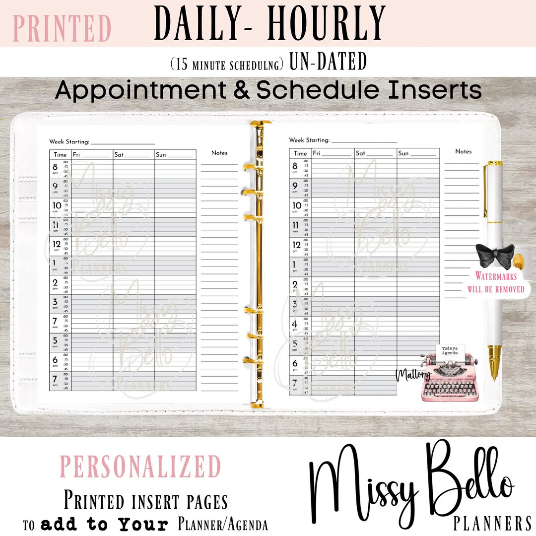 Printed Daily, Hourly Appointment Schedule Made for Your Planners ...
