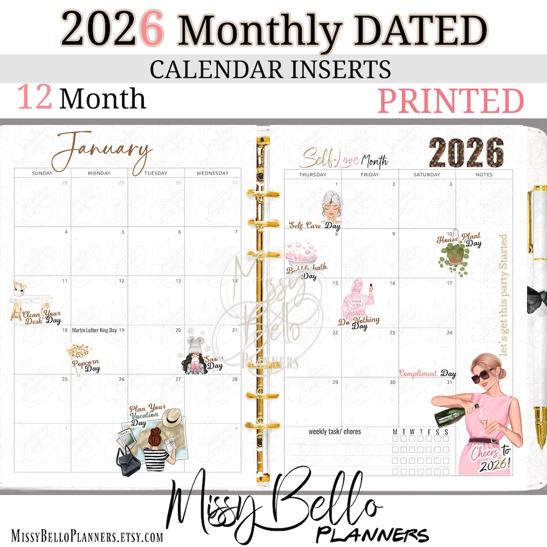 PRINTED 2026 Dated Calendar, Unique Signature Style, 12 Month Inserts ...