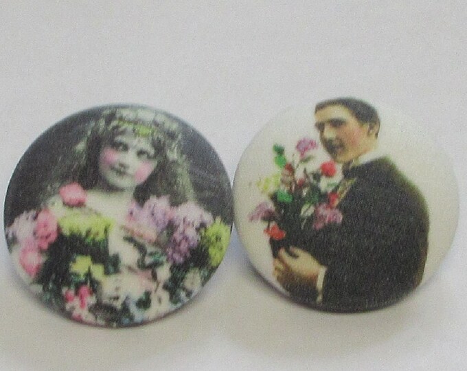 Two Lilac Bow Yoke Fabric Covered Buttons of a Vintage Bride and Groom ...