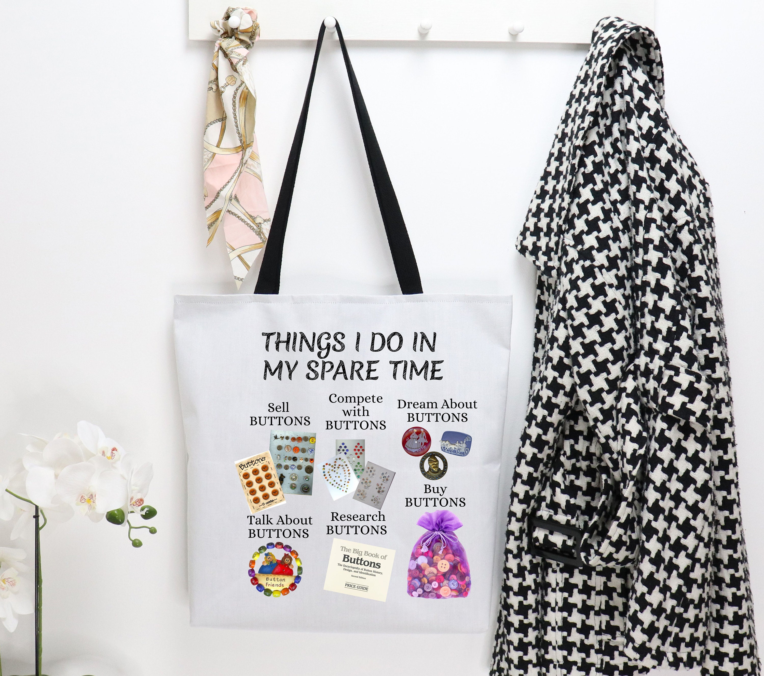 BUTTON Tote Bag, Things I Do in My Spare Time Tote Bag, Button Shopping ...