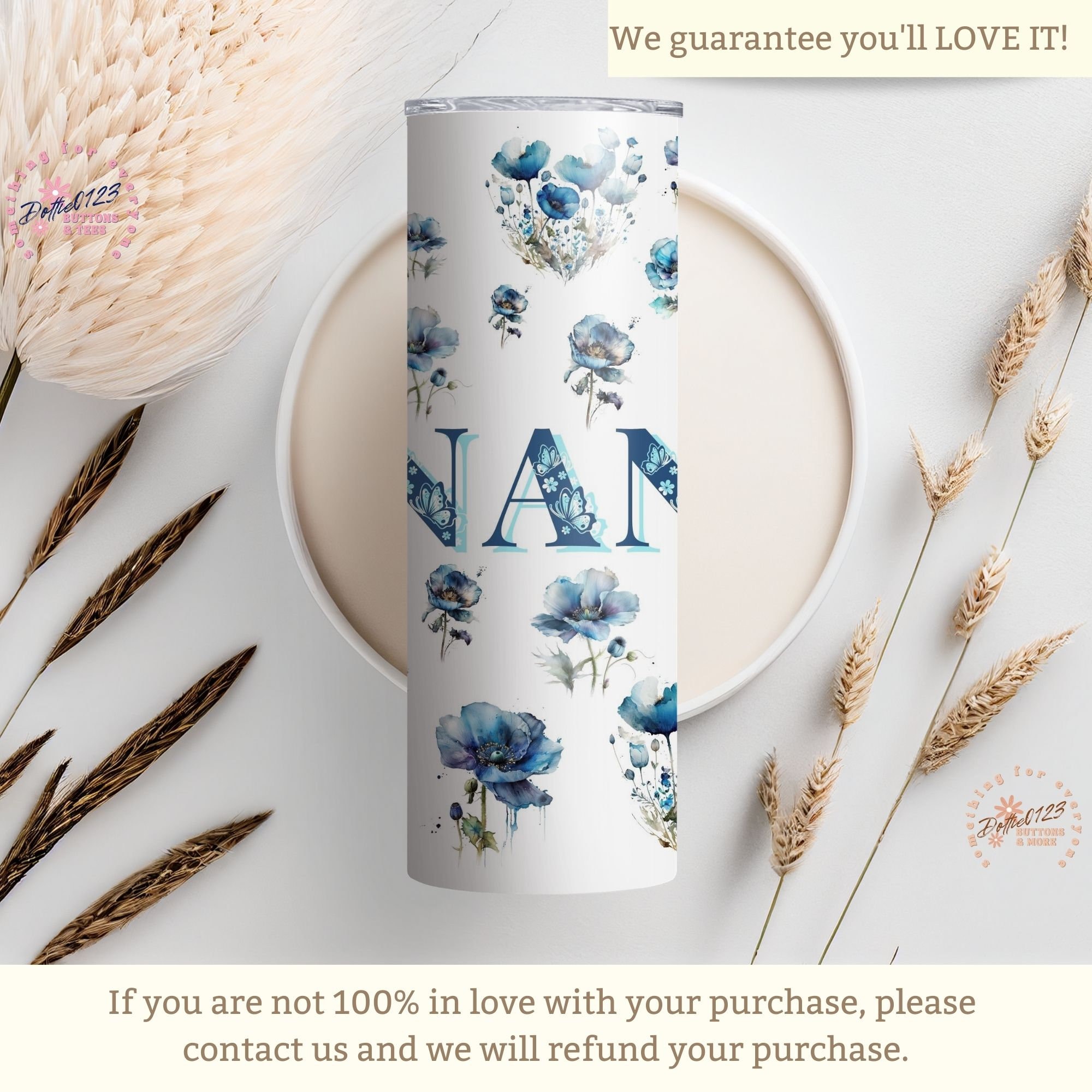 NANA Tumbler, Blue Floral and Butterfly Gift for Nana, Water Bottle for ...