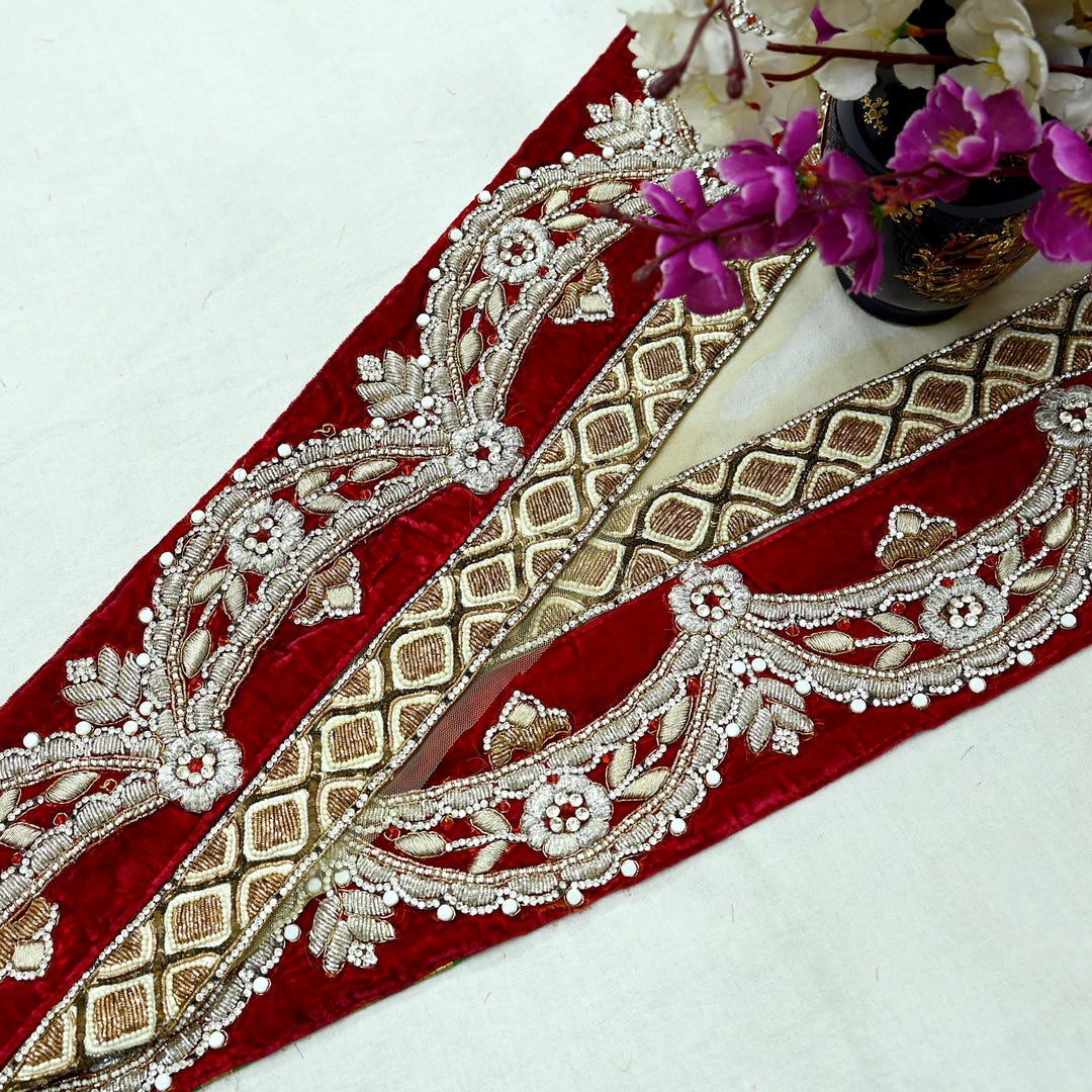 Indian Vintage Red Sari Border Hand Embroidered Craft Trim Lace Sewing ...