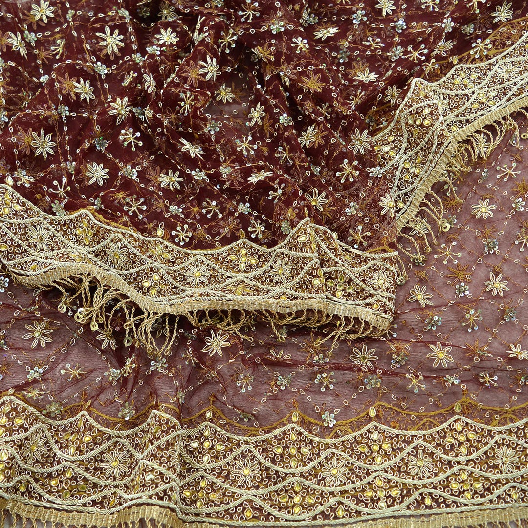 Indian Vintage Heavy Maroon Dupatta Net Mesh Long Stole Hand ...