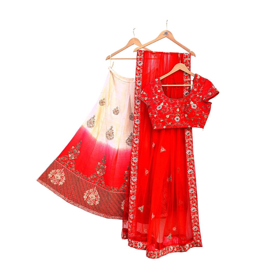 Indian Heavy Ivory Red Raw Silk & Net Hand Embroidered Lehenga 3pcs Set ...