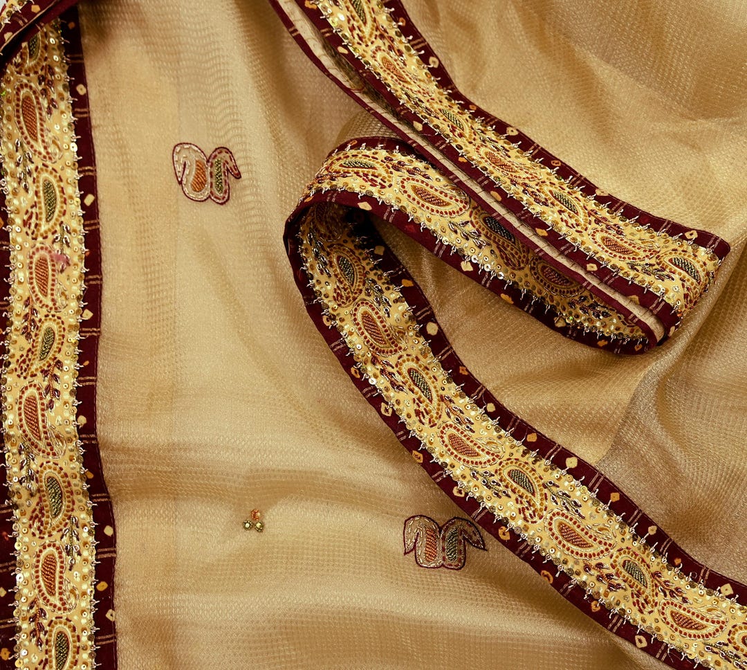 Indian Vintage Sari Golden Tissue Hand Embroidered Sarees Craft Fabric ...