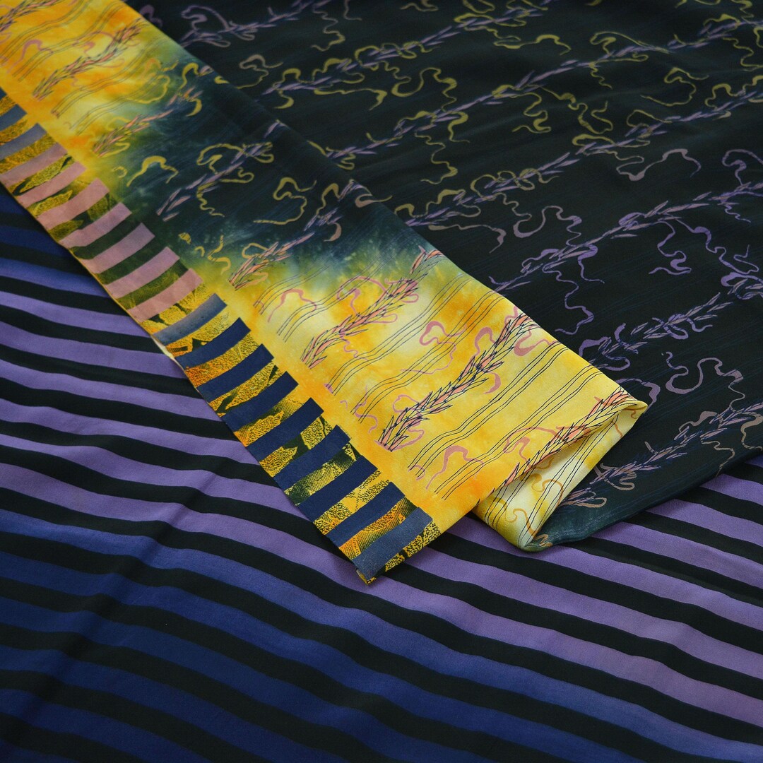 Indian Vintage Sari Black & Saffron Pure Crepe Silk Tie-dye Printed ...