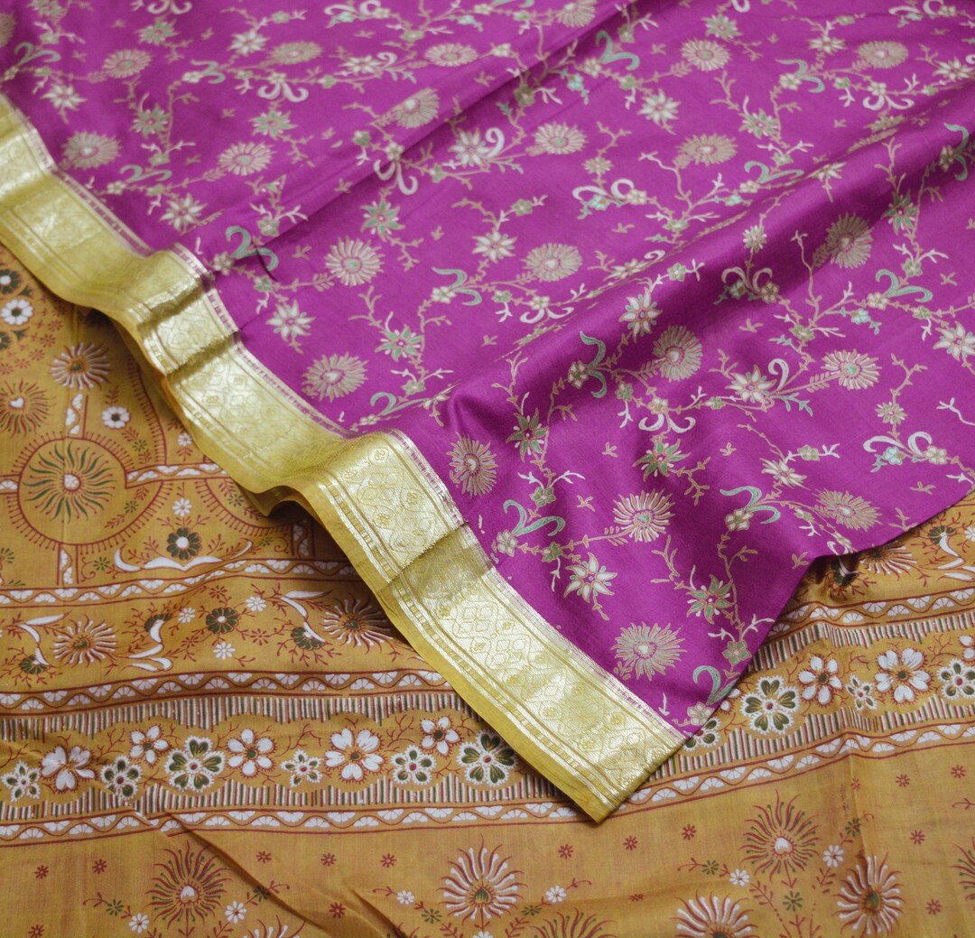 Indian Vintage Purple & Saffron Saree Pure Silk Printed Indian Sari ...