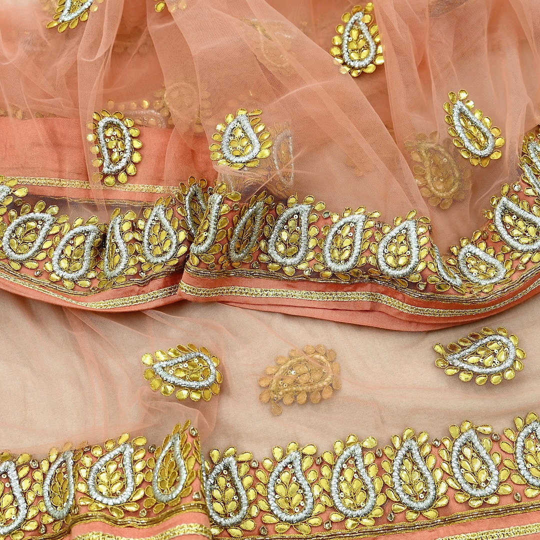 Indian Vintage Heavy Bridal Dupatta Peach Net Mesh Long Stole Hand ...