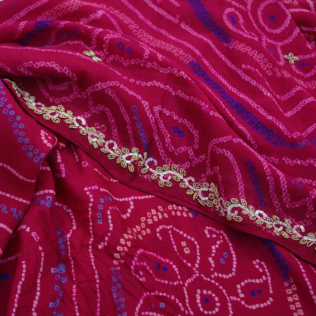 Indian Vintage Pink Saree Pure Silk Hand Embroidered Bandhani Printed ...