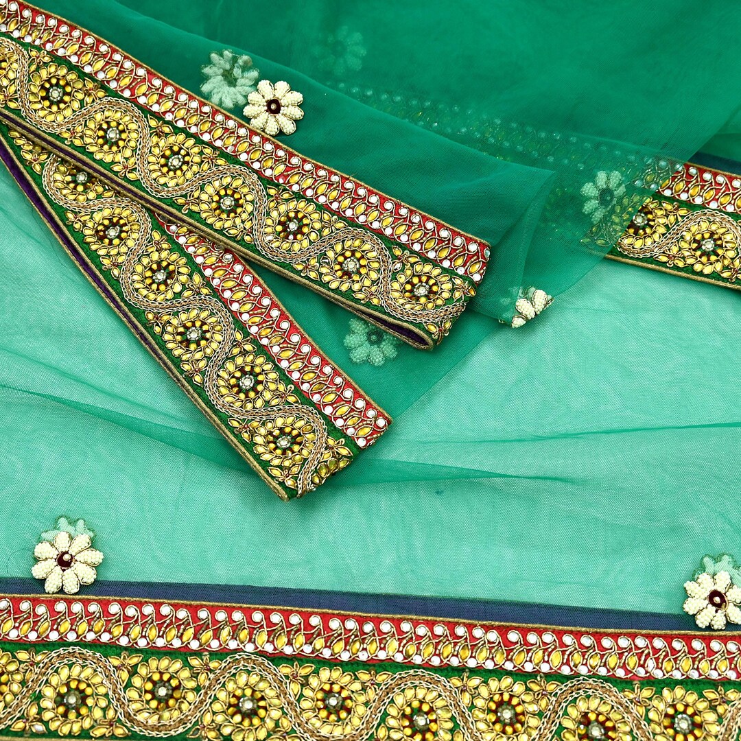 Indian Vintage Heavy Bridal Green Net Dupatta | Hand Embroidered ...