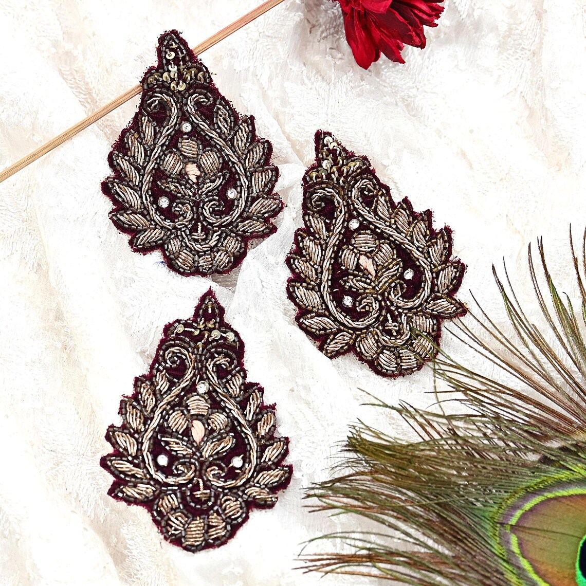 Indian Vintage Maroon Velvet Appliques – Set of 3 | Hand-embroidered ...