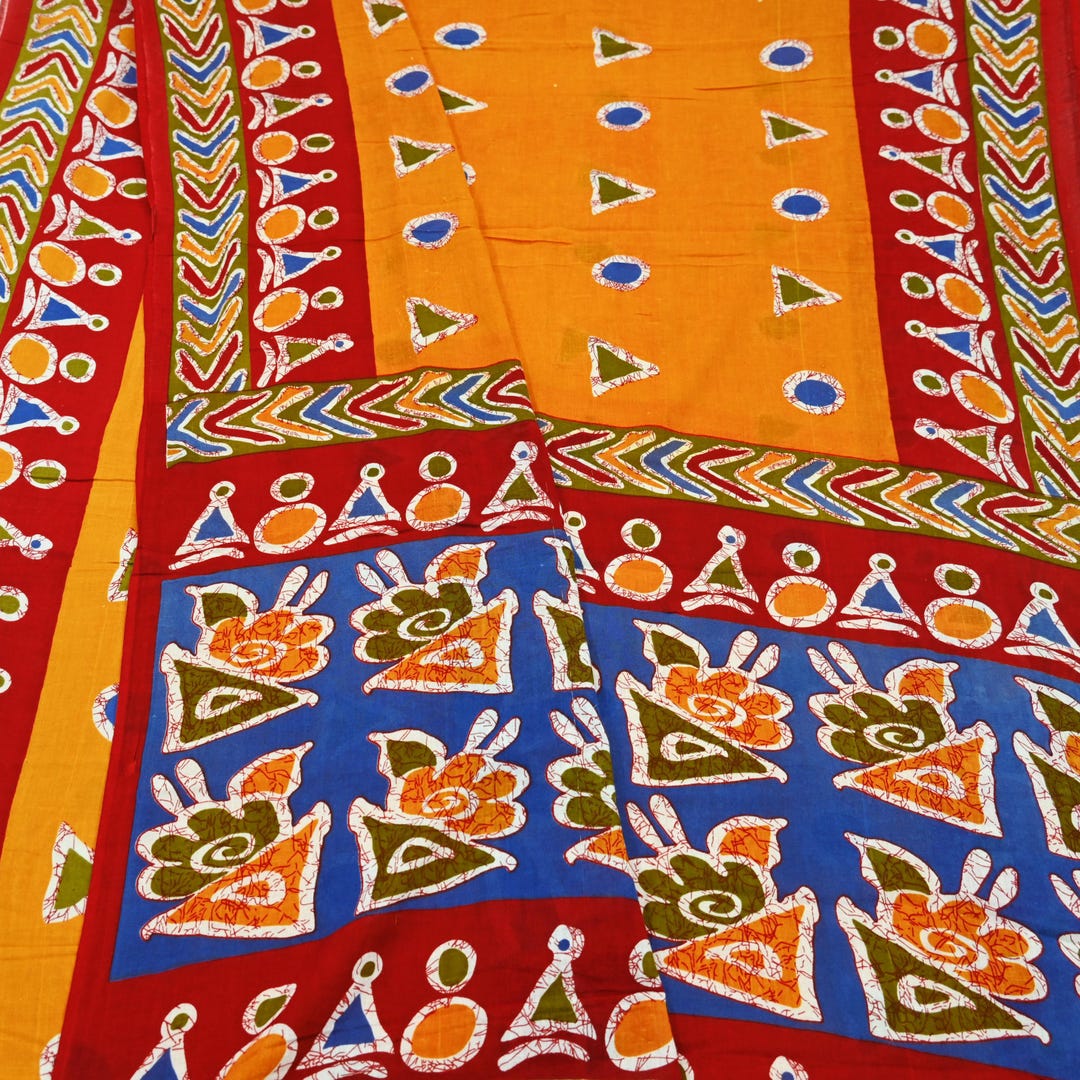 Indian Vintage Sari Red & Saffron Batik Printed 100% Pure Cotton Saree ...