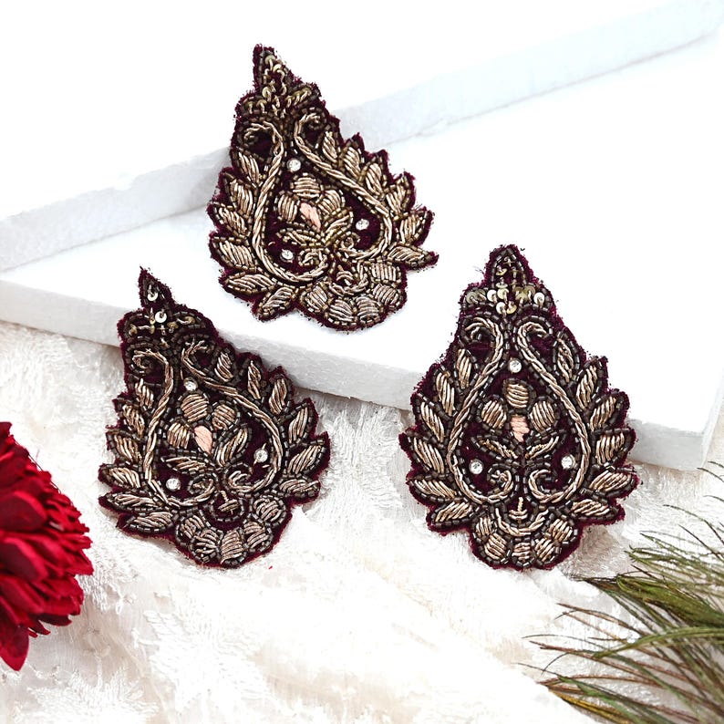 Indian Vintage Maroon Velvet Appliques – Set of 3 | Hand-embroidered ...