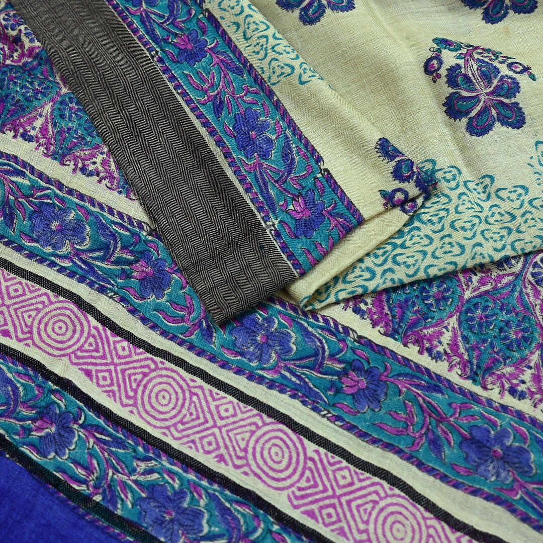 Vintage Ivory Long Stole Pure Woolen Scarf Printed Dupatta Infinity ...