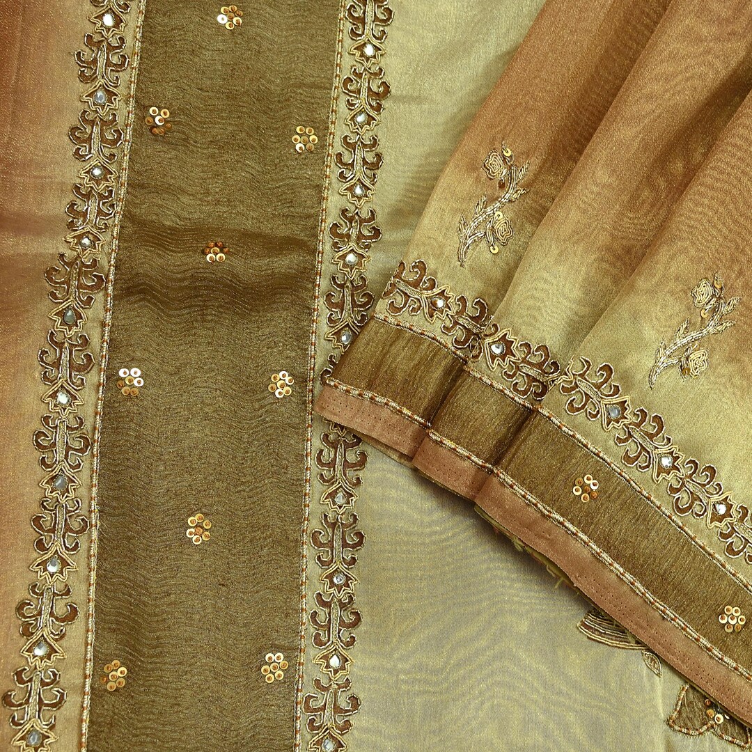 Indian Vintage Sari Golden Tissue Hand Embroidered Sarees Craft Fabric ...