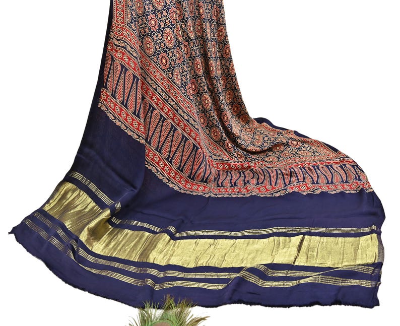 Indian Vintage Blue Dupatta Long Stole Ajrakh Print Pure Satin Silk ...