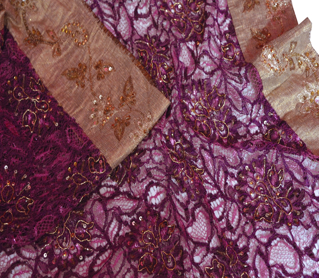 Vintage Purple Net Mesh Hand Embroidered Design Fabric 30x42 Floral ...