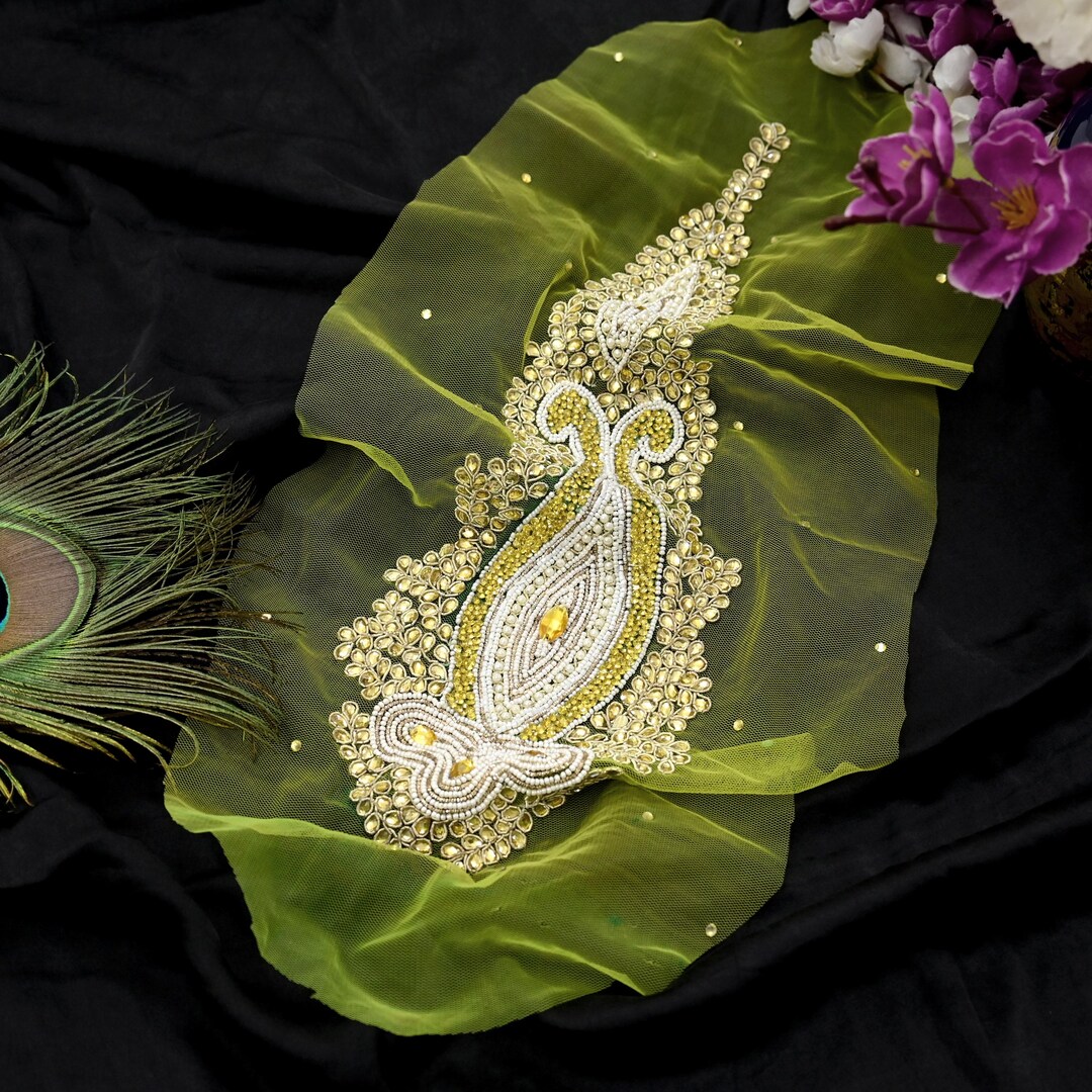 Indian Vintage Hand-embroidered Neon Green Net Appliques – Set of 1 ...